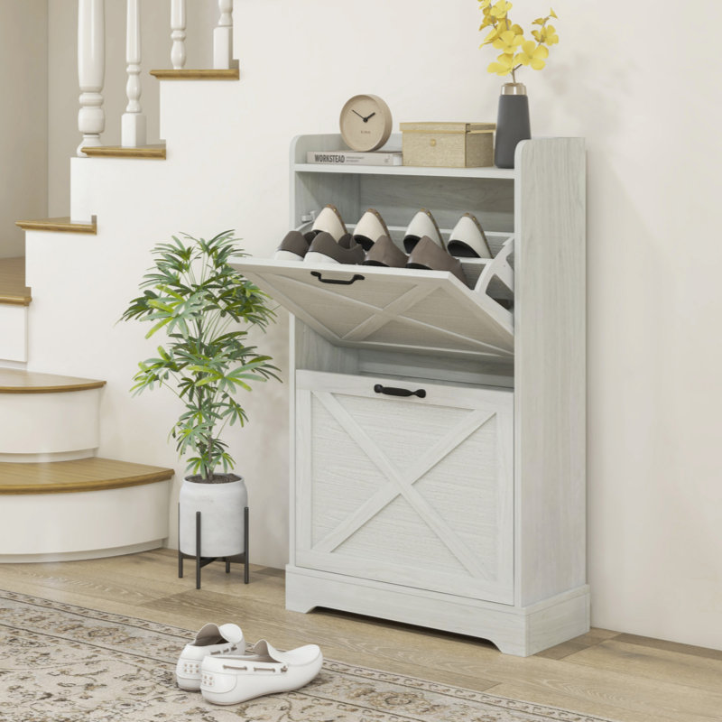 Gracie Oaks Slim Shoe Cabinet For Entryway Farmhouse Hidden Shoe Storage Cabinet With 2 Flip Drawers And Adjustable Shelves For 8 Pairs Of Shoes Distressed White Wayfair